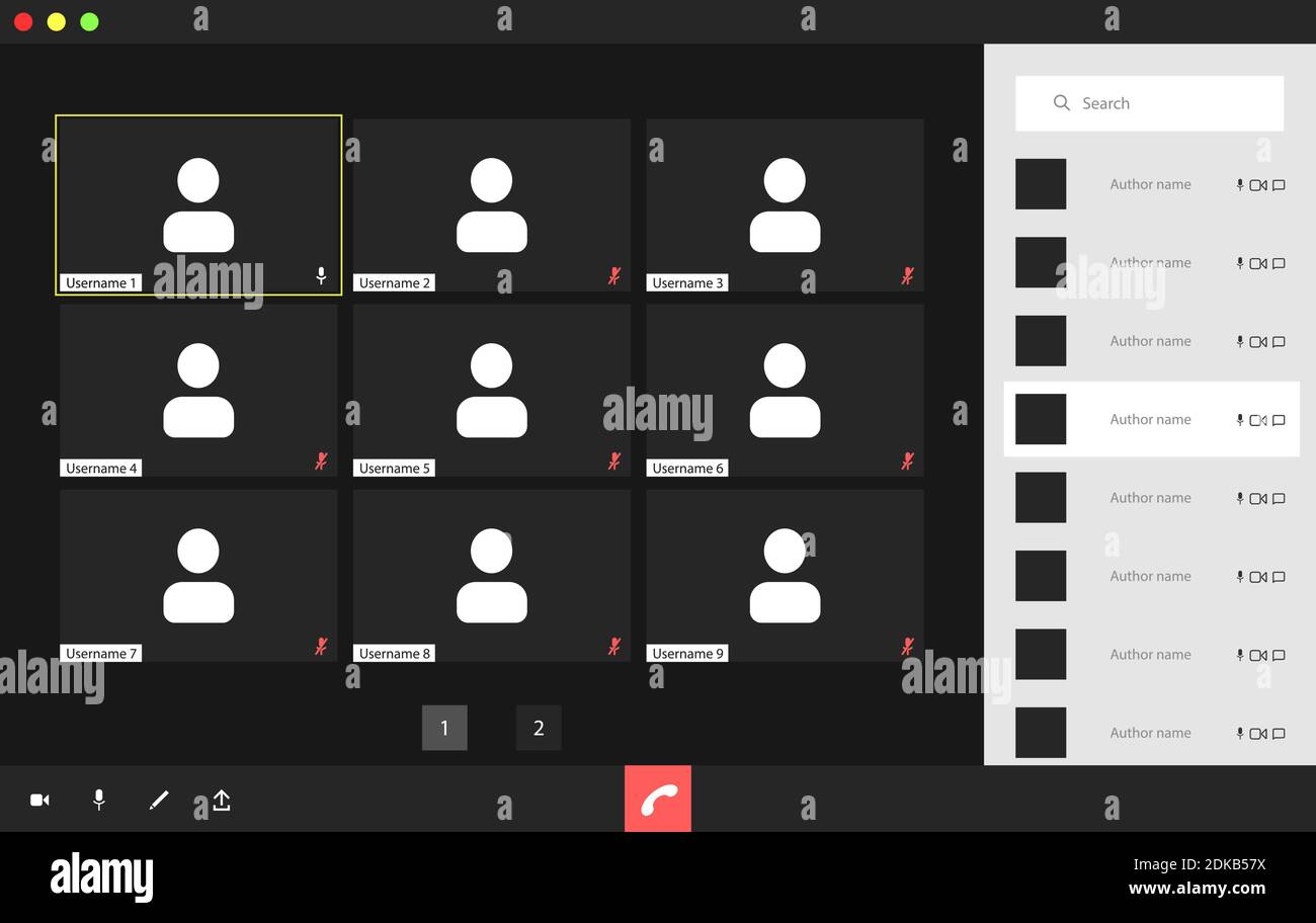 Video conference user interface with a list of users, video conference ...