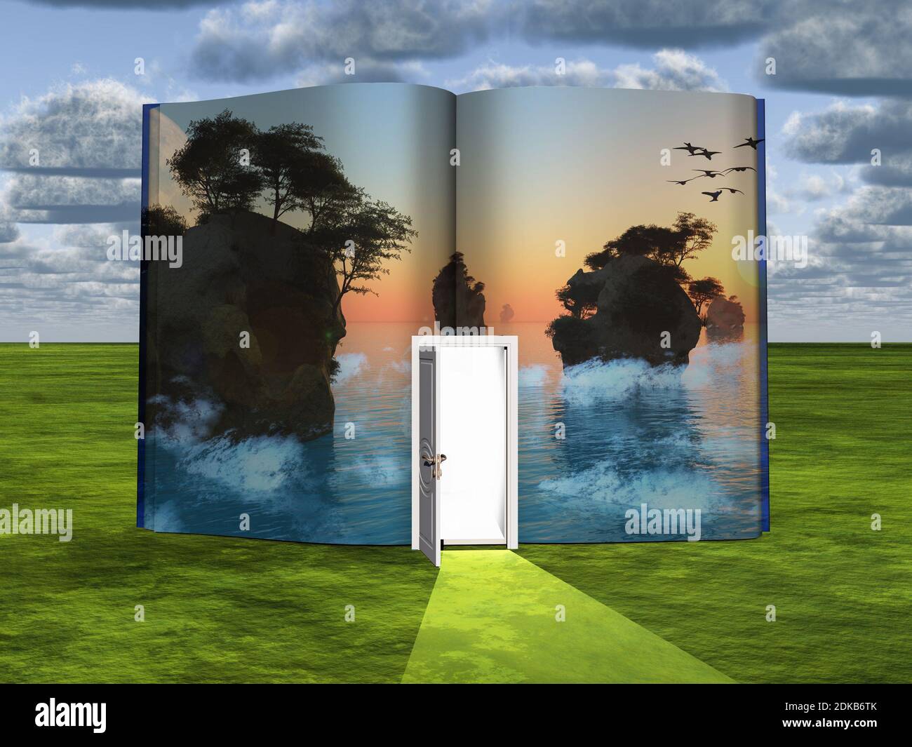 Surrealism. Book with opened door and islands at the dusk. 3D rendering ...