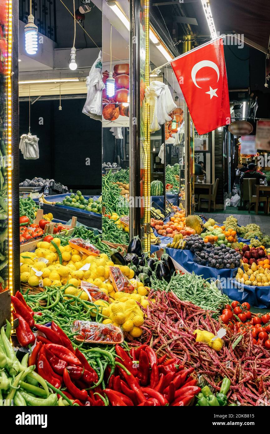 Variety of fresh fruits and vegetables at local market in Turkey Stock ...