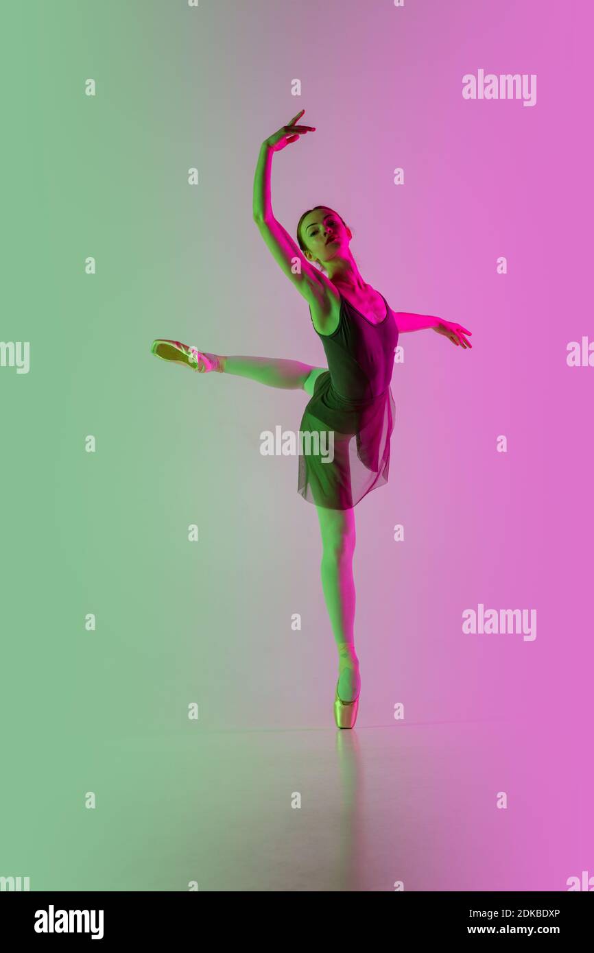 Tender. Young and graceful ballet dancer isolated on gradient pink ...