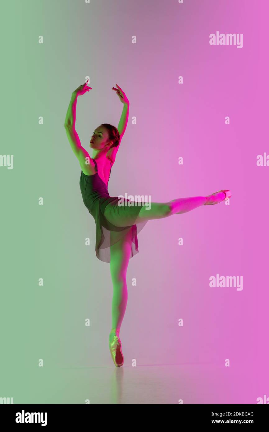 Feminine. Young and graceful ballet dancer isolated on gradient pink ...
