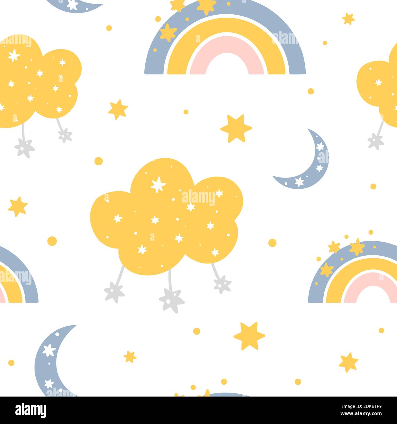 Cute childish seamless pattern with rainbows, clouds, stars, moon and ...