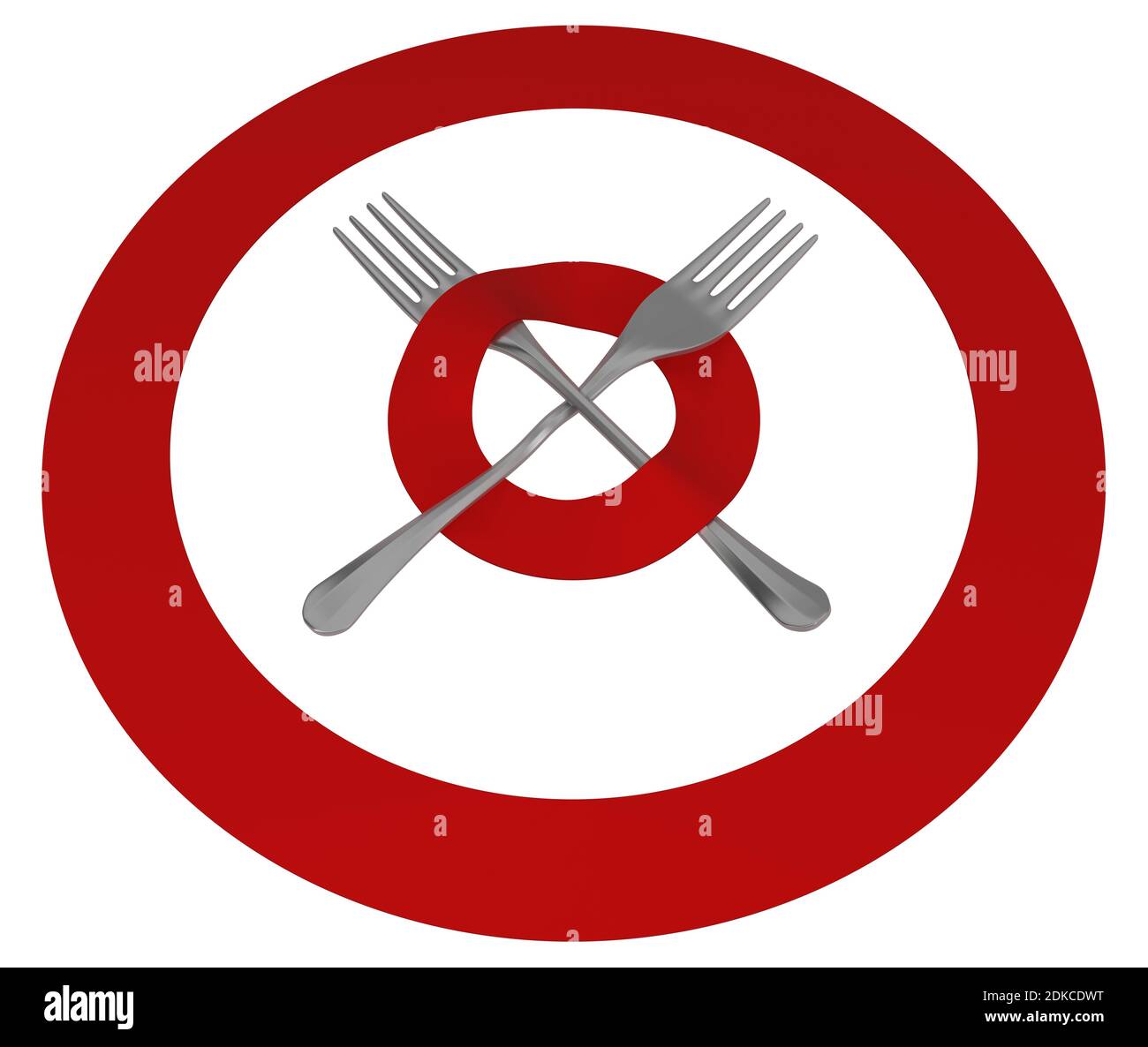 Fork metal crossed under target, 3d illustration, horizontal, isolated ...
