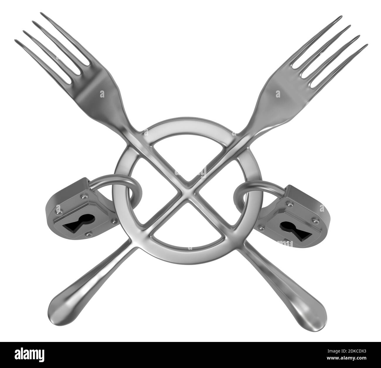 Fork metal solid ring locks, 3d illustration, horizontal, isolated ...