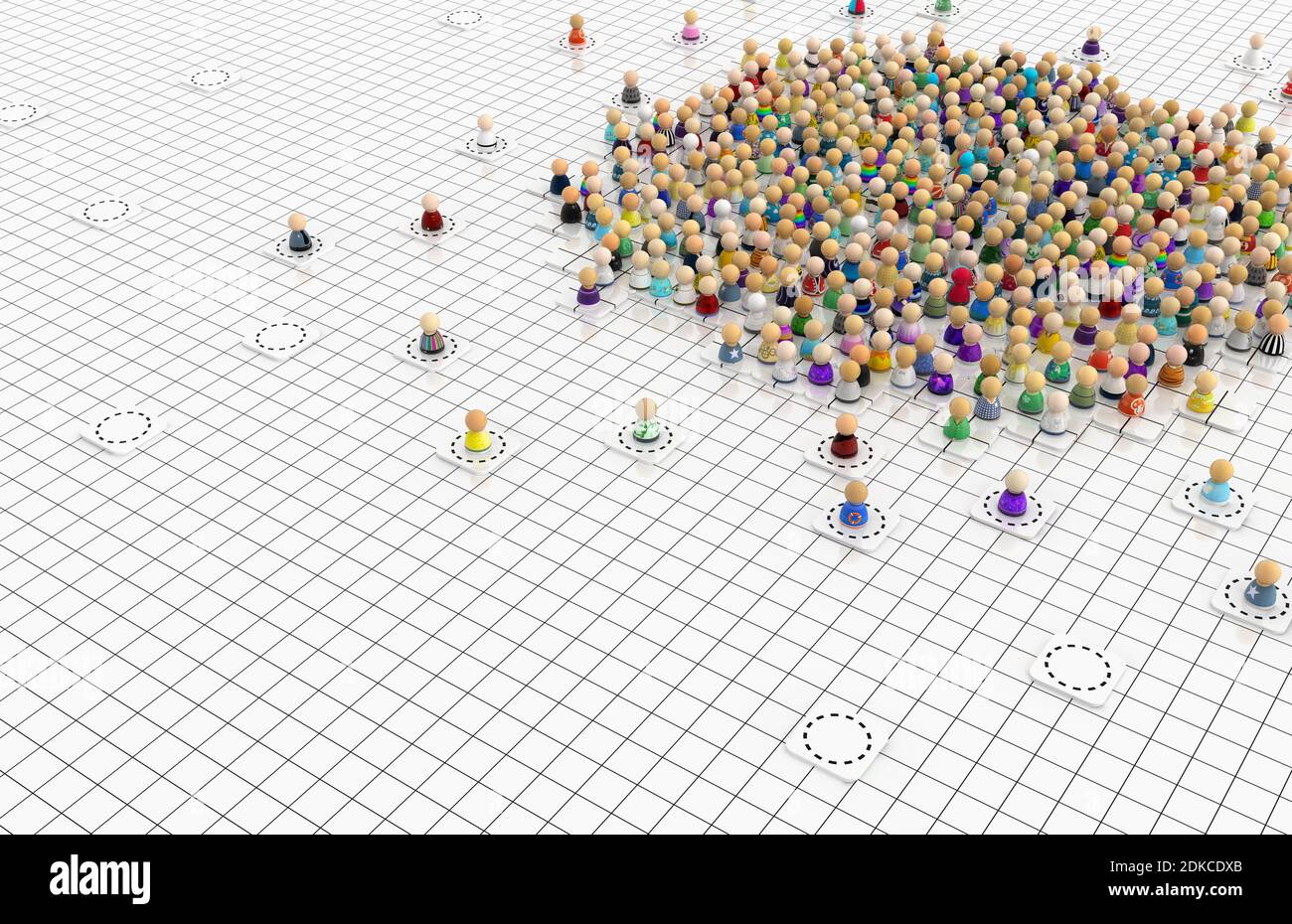 Crowd of small symbolic figures planning lines grid layout spots, 3d ...