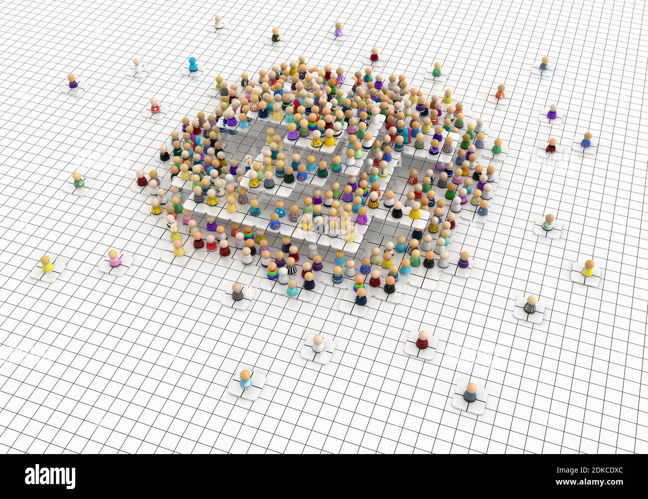 Crowd of small symbolic figures planning lines grid layout layers, 3d ...