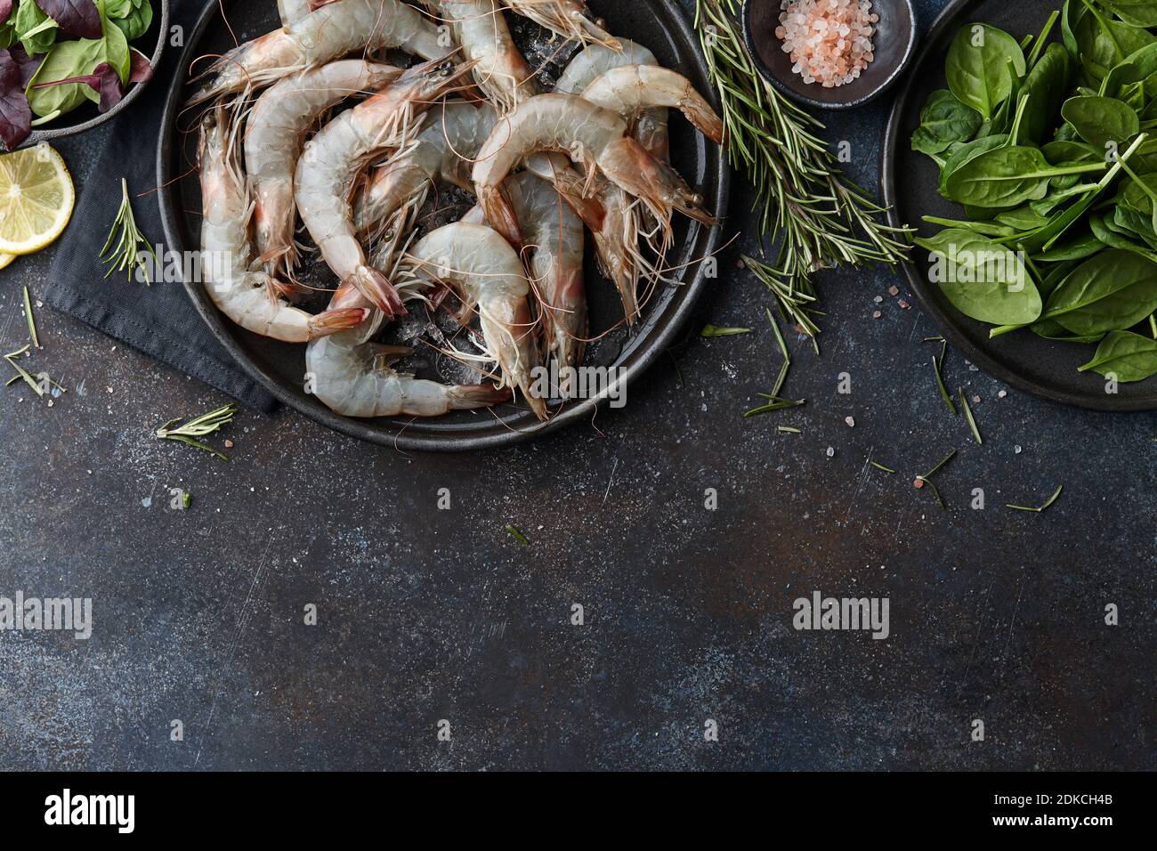 Raw tiger prawns on metal textured background, copy space Stock Photo ...