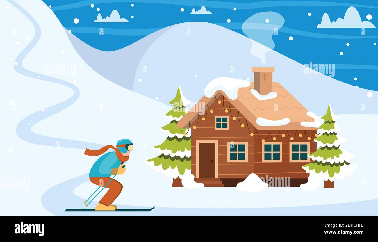 Cartoon winter ski resort landscape scene with wooden house, pine trees ...