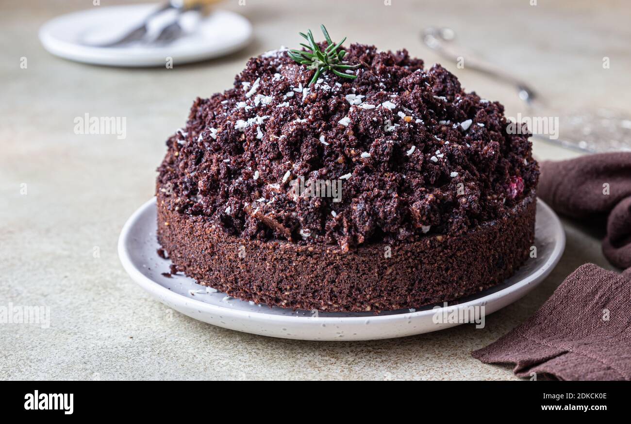Homemade chocolate cake with cherry and whipped cream. Cake Mink mole ...