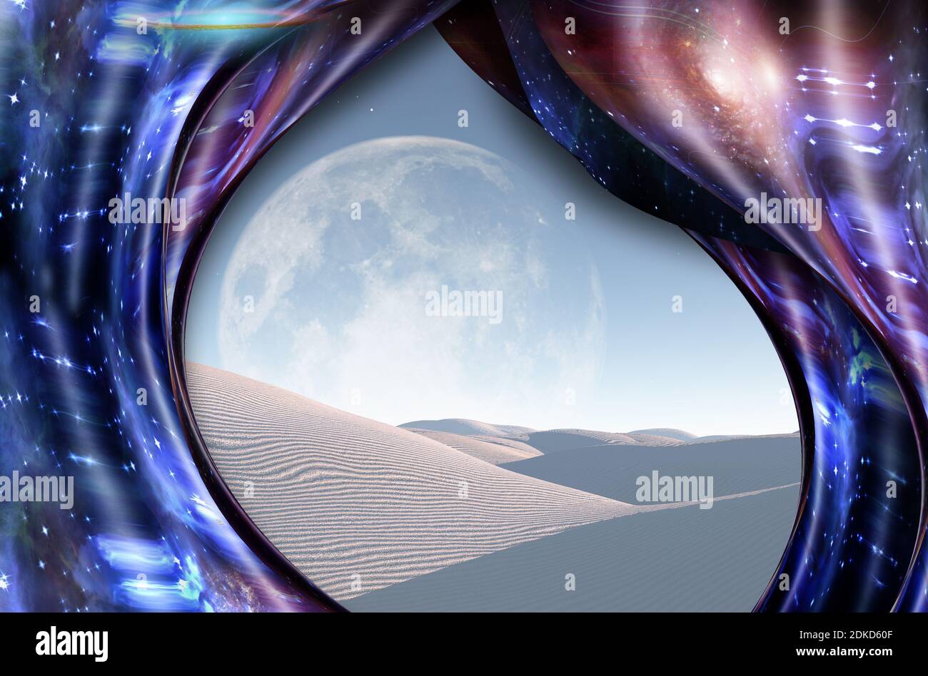 Surrealism. White desert. Big moon at the horizon. 3D rendering Stock ...