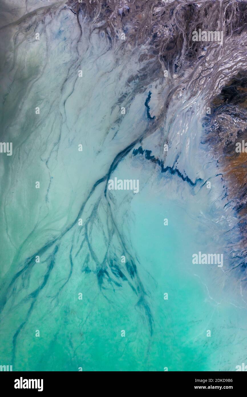 Aerial view of the famous red mud disaster site, abstract lines ...