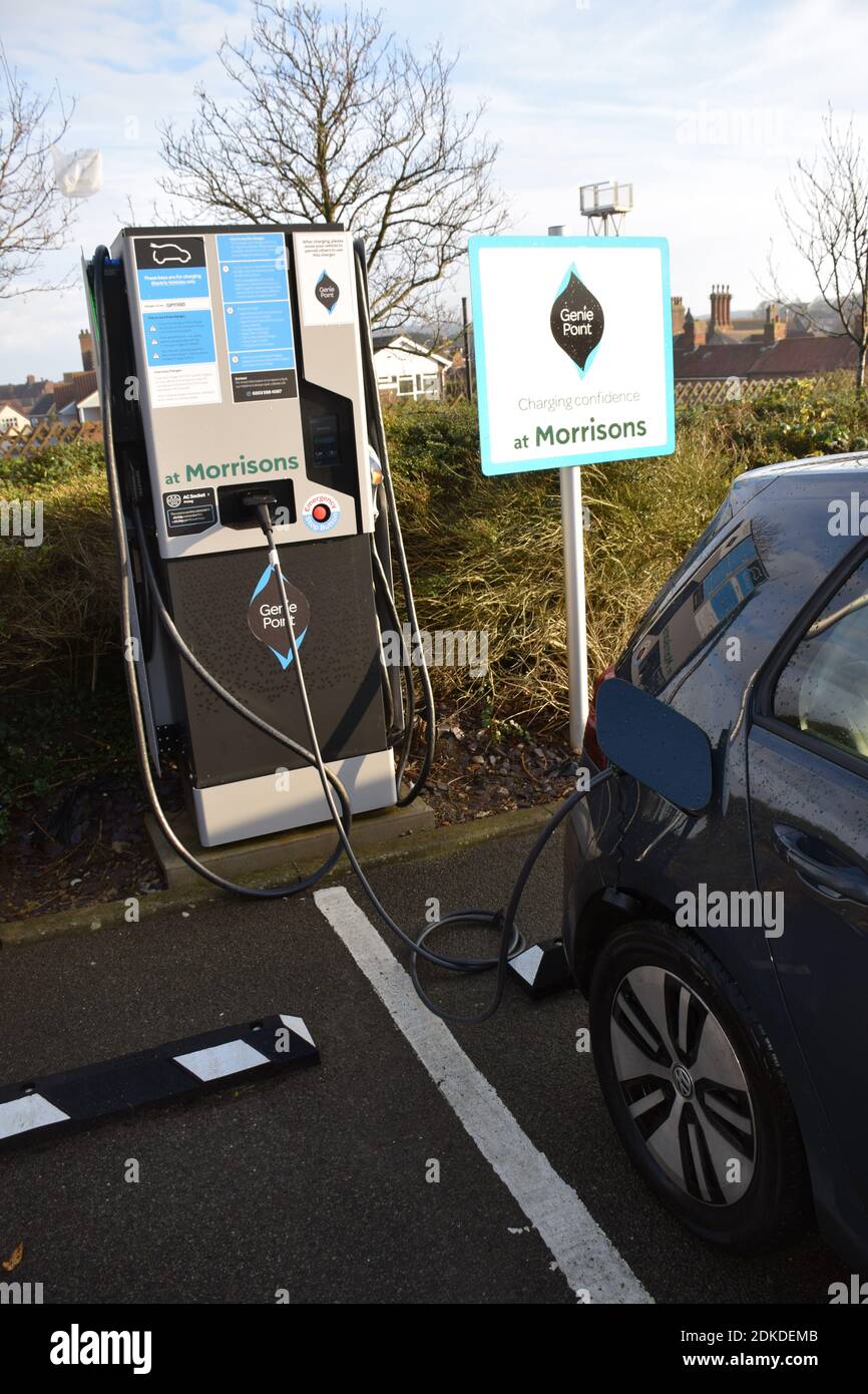 Electric car charging point, Morrisons carpark, Cromer, Norfolk, UK Dec ...
