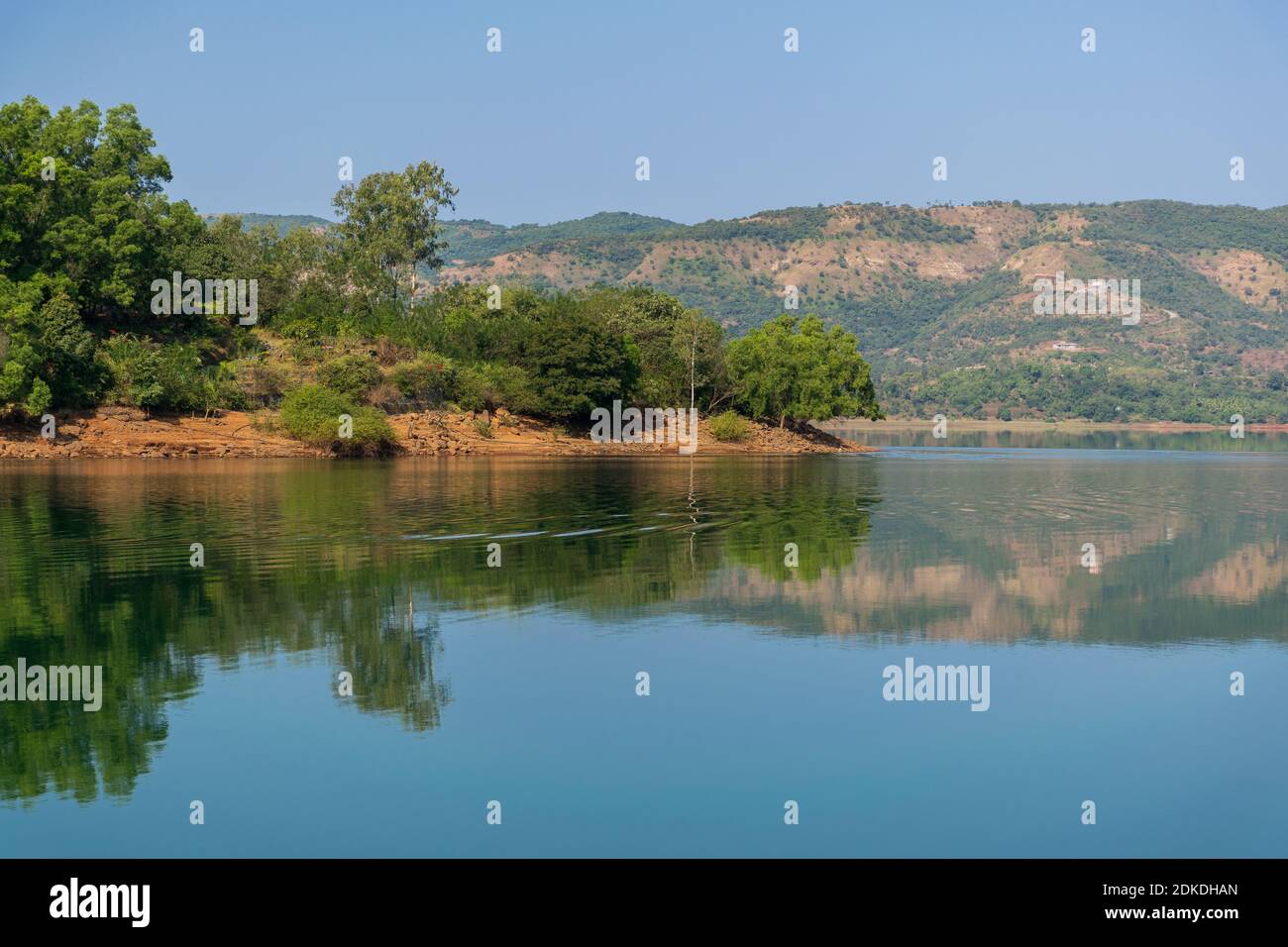 Panoramic view of beautiful Panshet dam with lush green trees on the ...