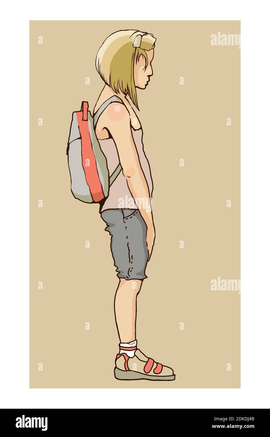 small sad girl with backpack illustration drawing Stock Photo - Alamy