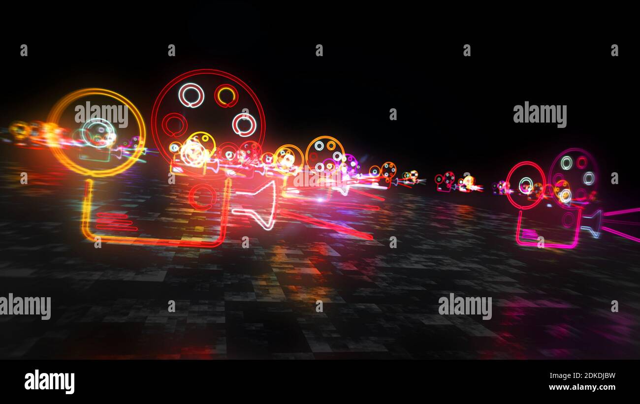 Cinema projector symbol, retro video or film camera neon sign and ...