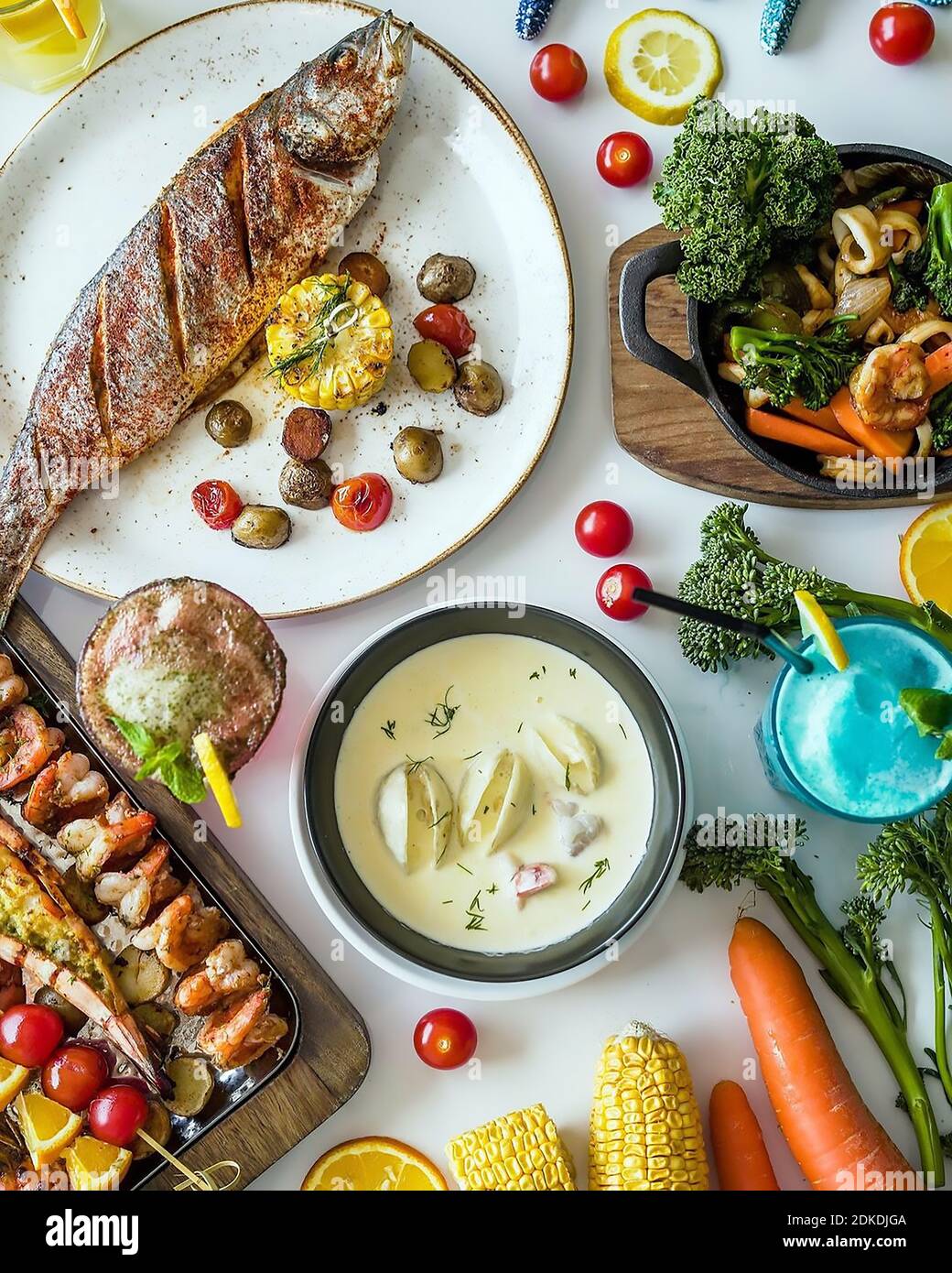 Vertical overhead shot of a table of seafood and drinks Stock Photo - Alamy