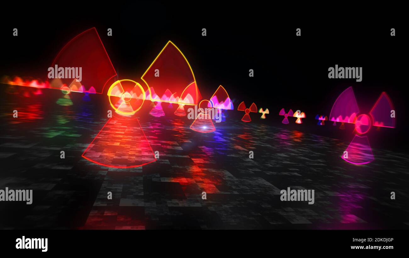 Nuclear warning symbol, radioactive danger neon sign and atomic energy ...
