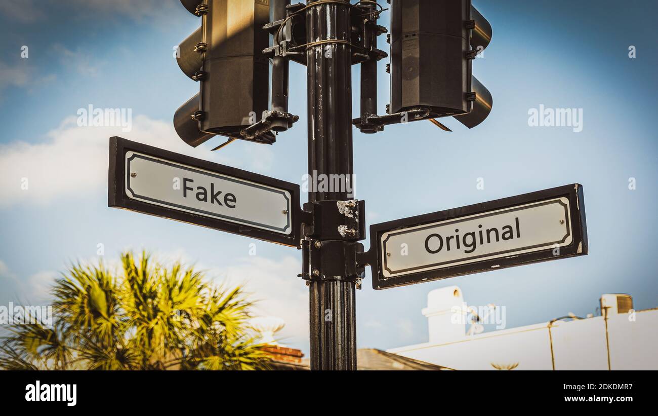Street Sign the Direction Way to Original versus Fake Stock Photo - Alamy