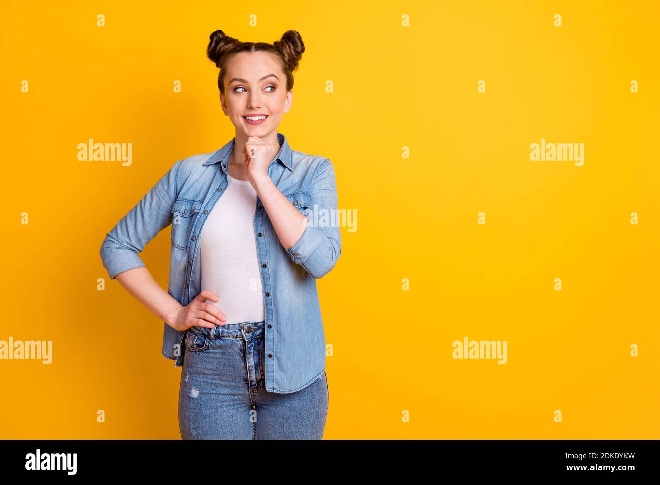 Photo of attractive pretty teen lady two buns hairdo hold smart student ...