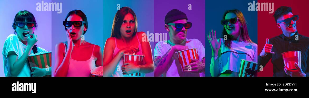 Collage of portraits of 6 young emotional people on multicolored studio ...