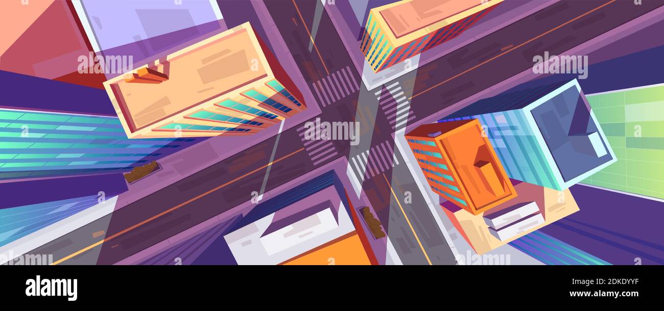 City street top view with high buildings and empty crossroad. Urban ...
