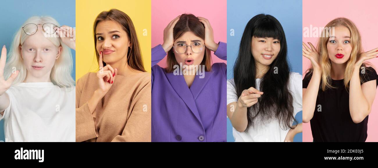 Collage of portraits of 5 young emotional girls on multicolored studio ...