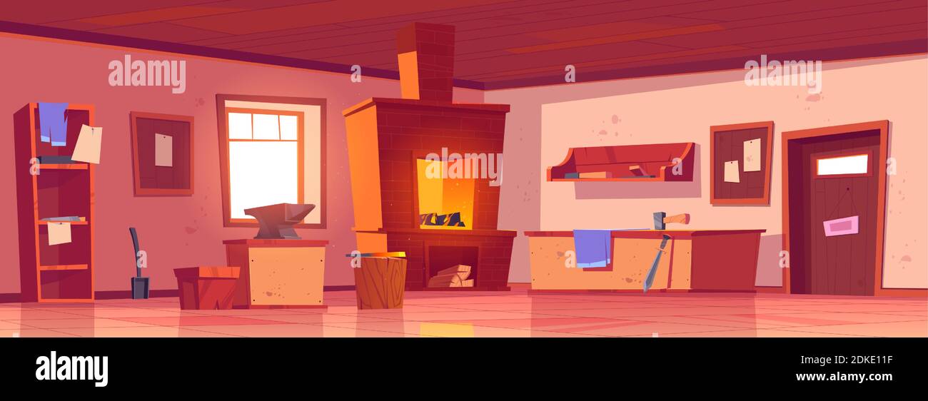 Blacksmith workshop, forge with anvil and hammer on workbench. Vector ...