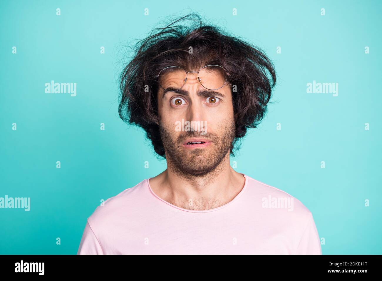 Close up photo of discomfort nervous person staring glasses on forehead ...