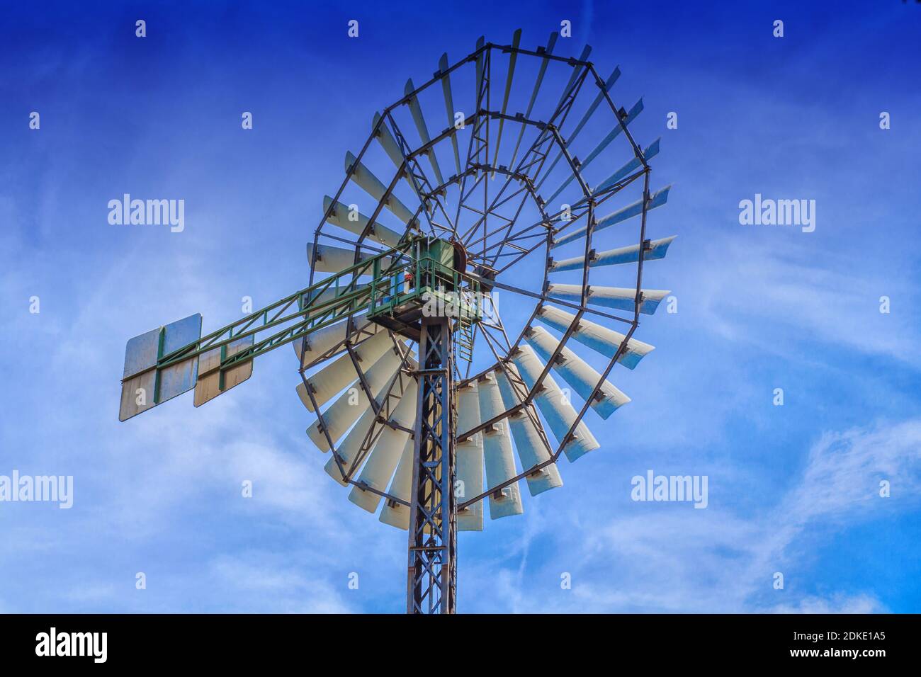 Antique wind turbines on Mallorca to drive a watering system Stock ...