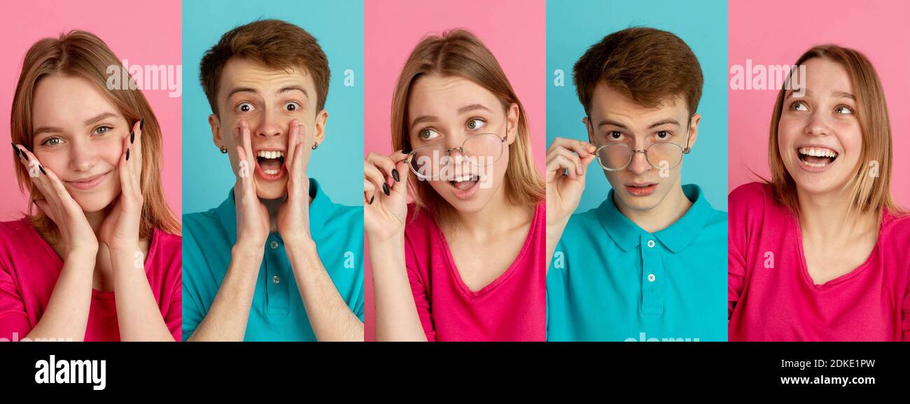 Collage of portraits of 2 young emotional people on multicolored studio ...