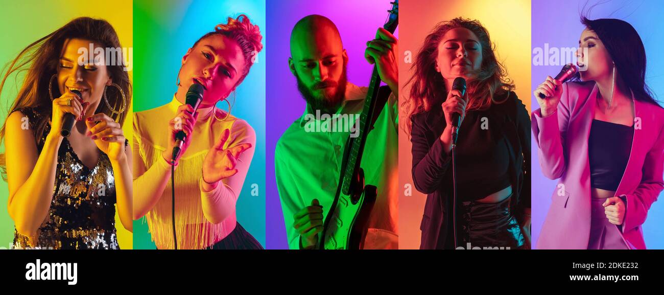 Collage of portraits of 4 young emotional people on multicolored studio ...