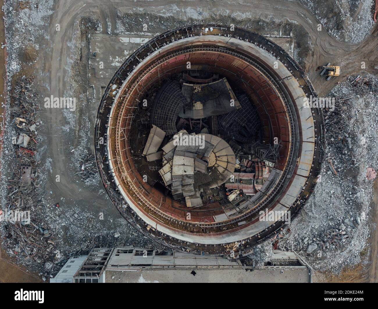 Aerial view of demolition site. Process of demolition of old industrial ...