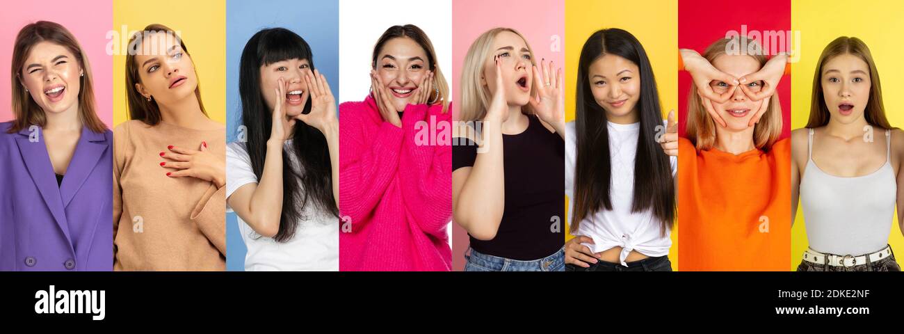 Collage of portraits of 8 young emotional girls on multicolored studio ...