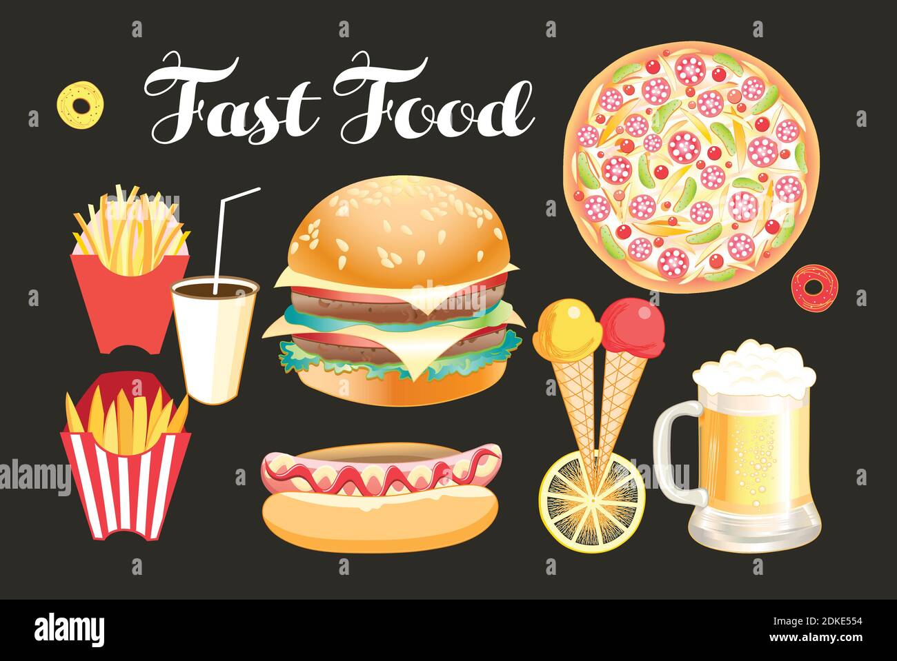 Set of vector Illustration of lovely fast food food isolated on dark ...