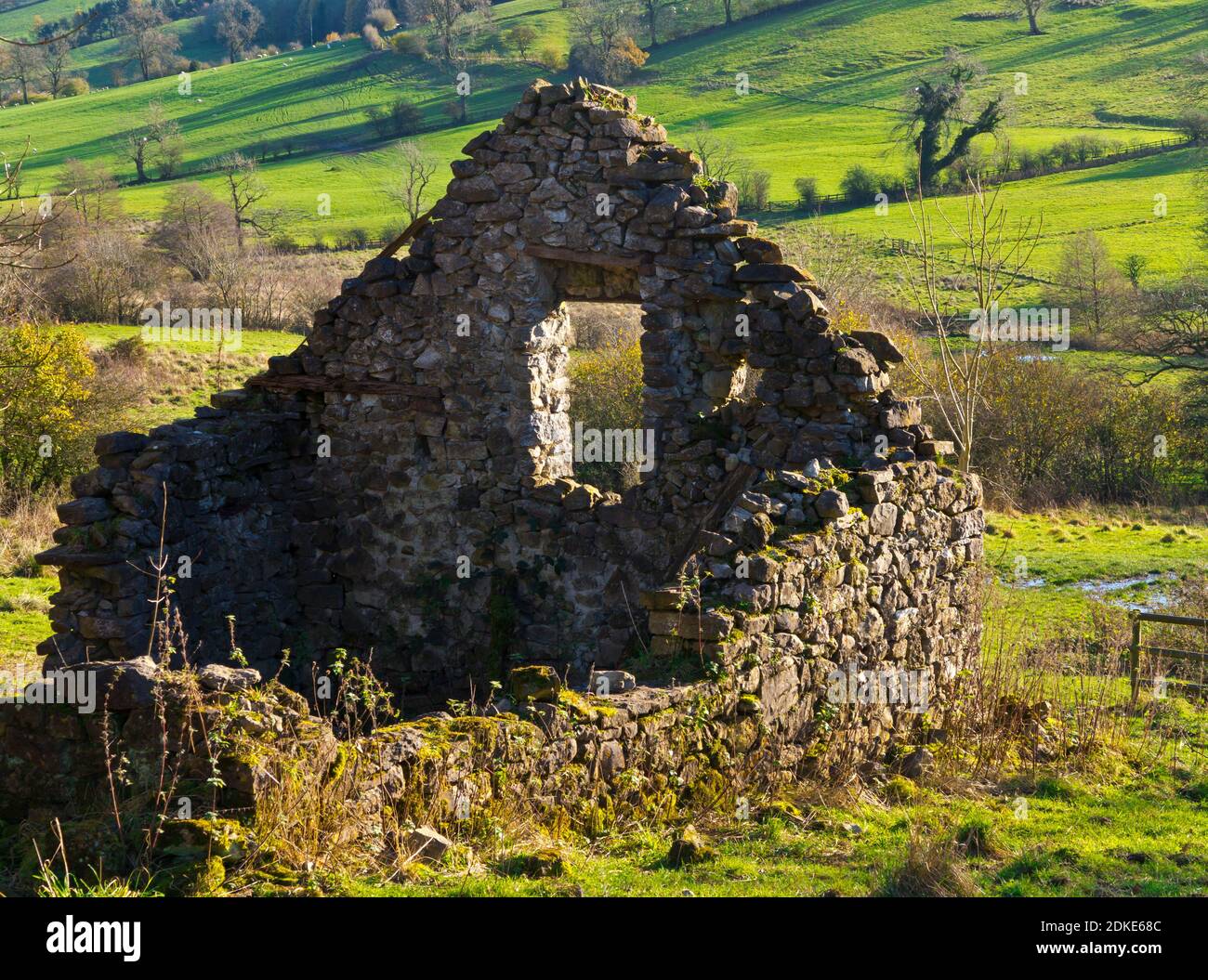 Ruins of a stone field barn in countryside near Parwich village in the ...