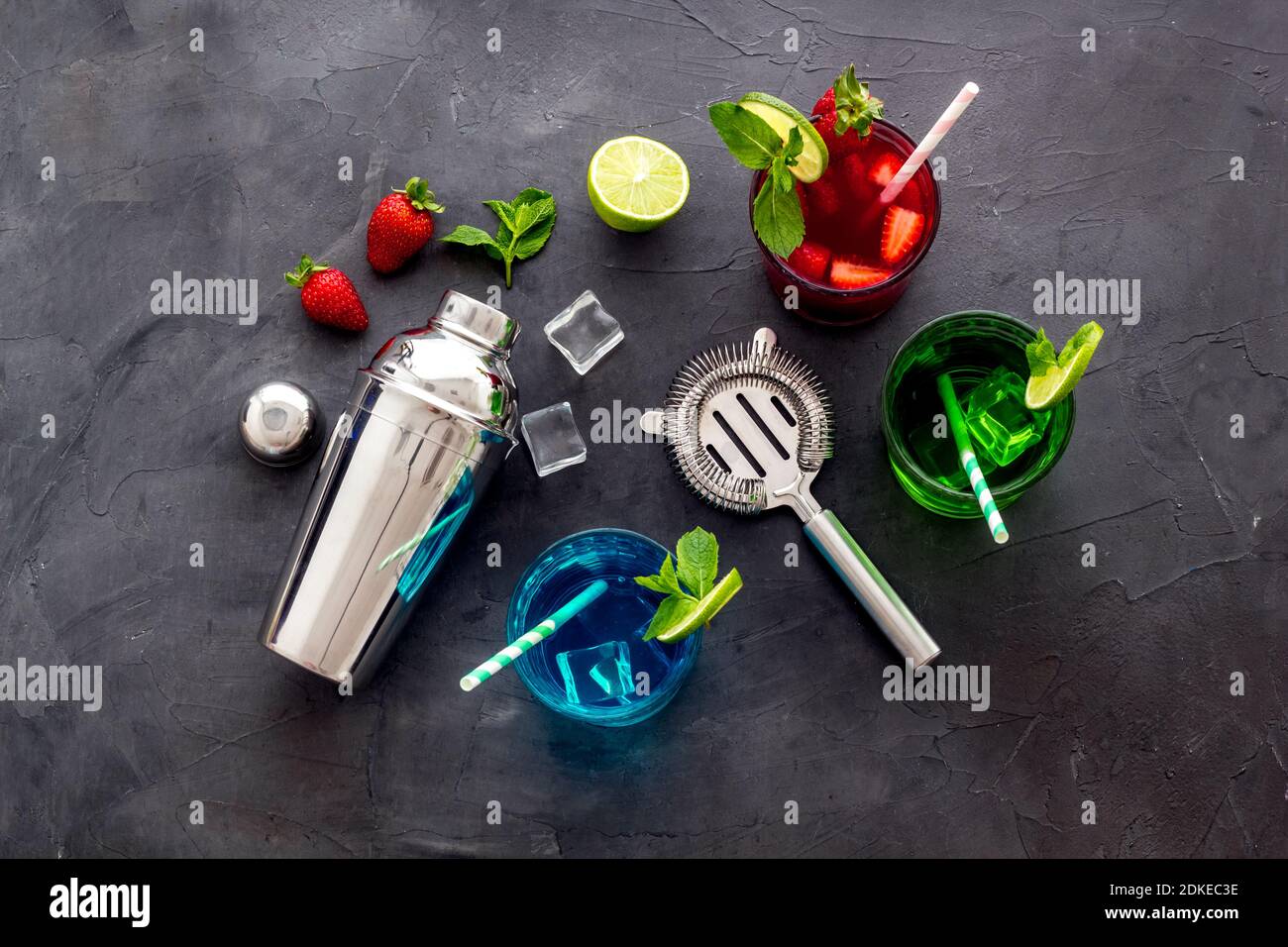 Set of bar utensils and ingredients for cocktails drink, top view Stock ...