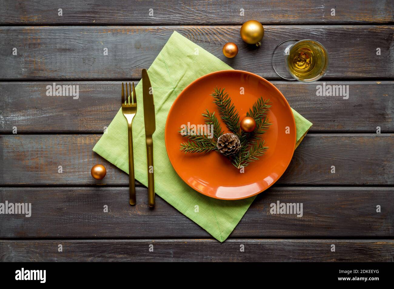 Festive table setting for Christmas or New year dinner. Top view Stock ...