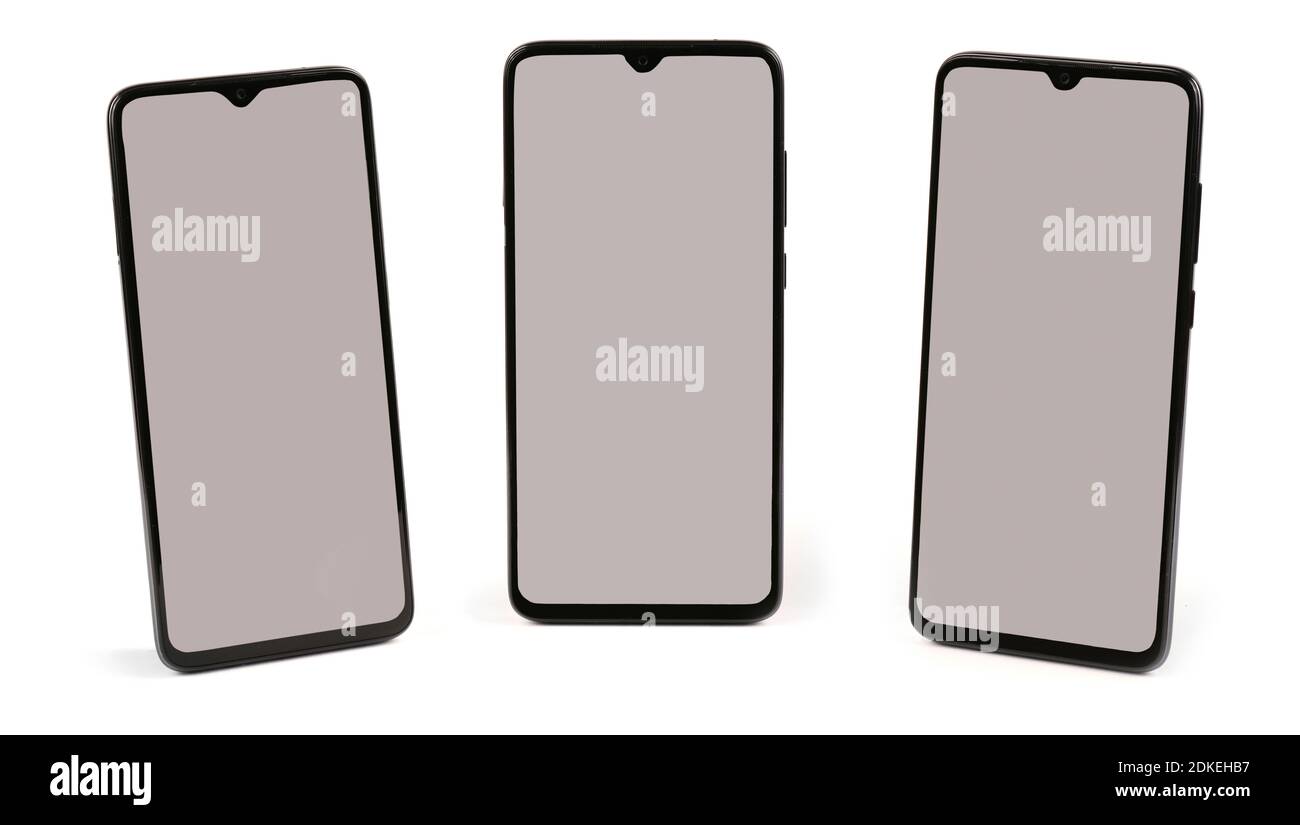 Three Black mobile smartphones with blank screen. isolated on white ...