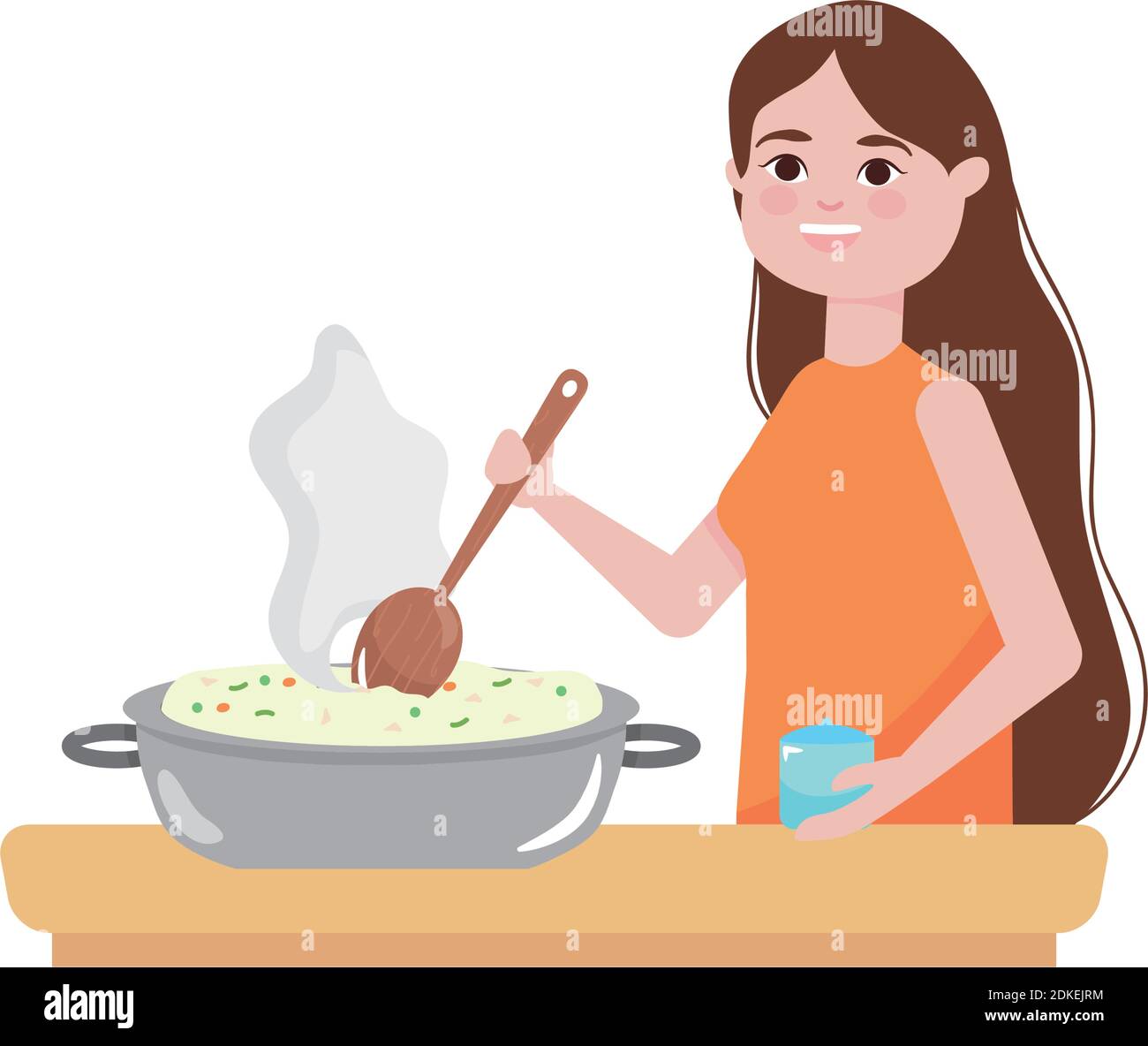 cartoon woman cooking and hot rice pot over white background, colorful ...