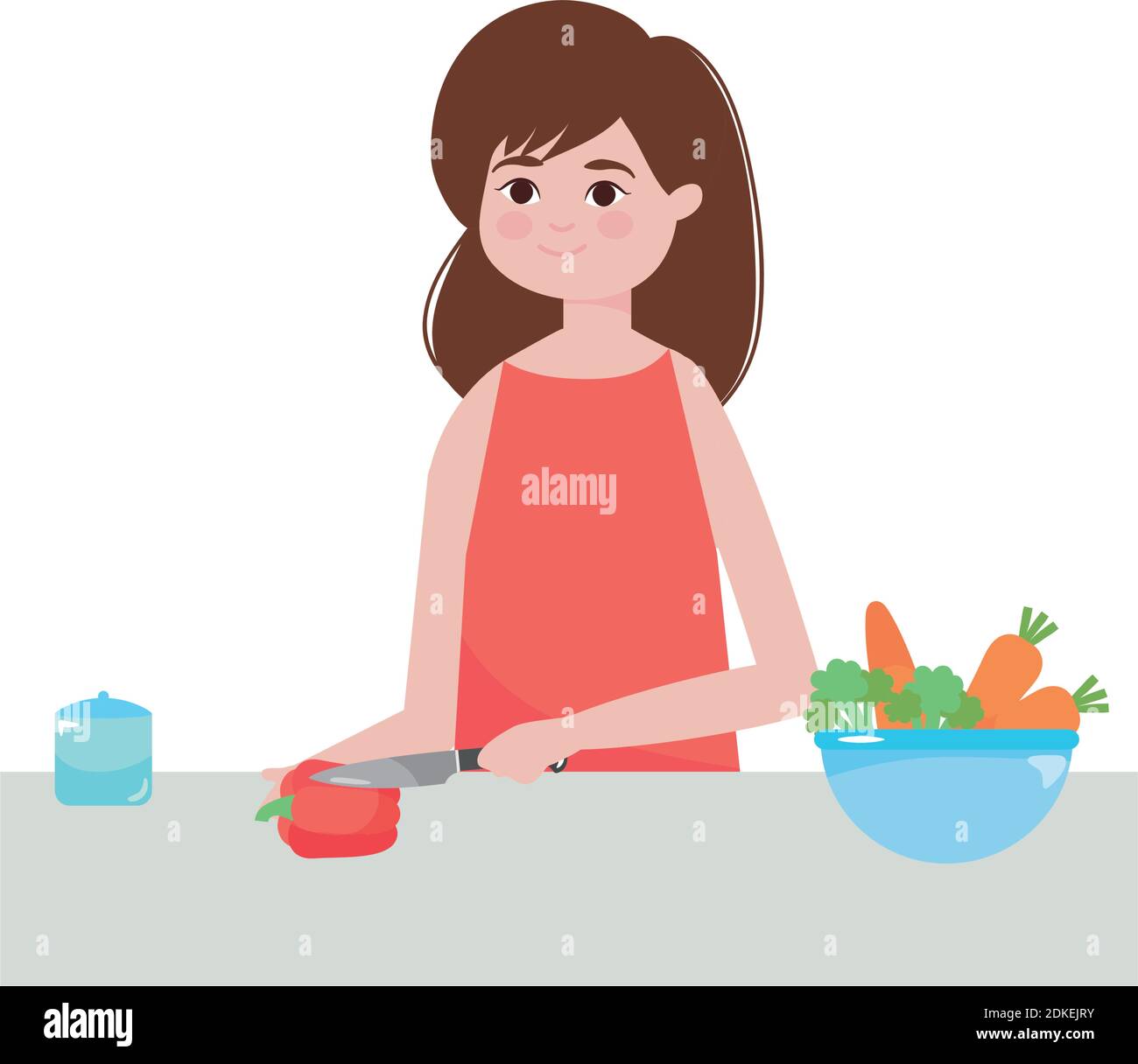 cartoon woman chopping a pepper and bowl with vegetables around over ...