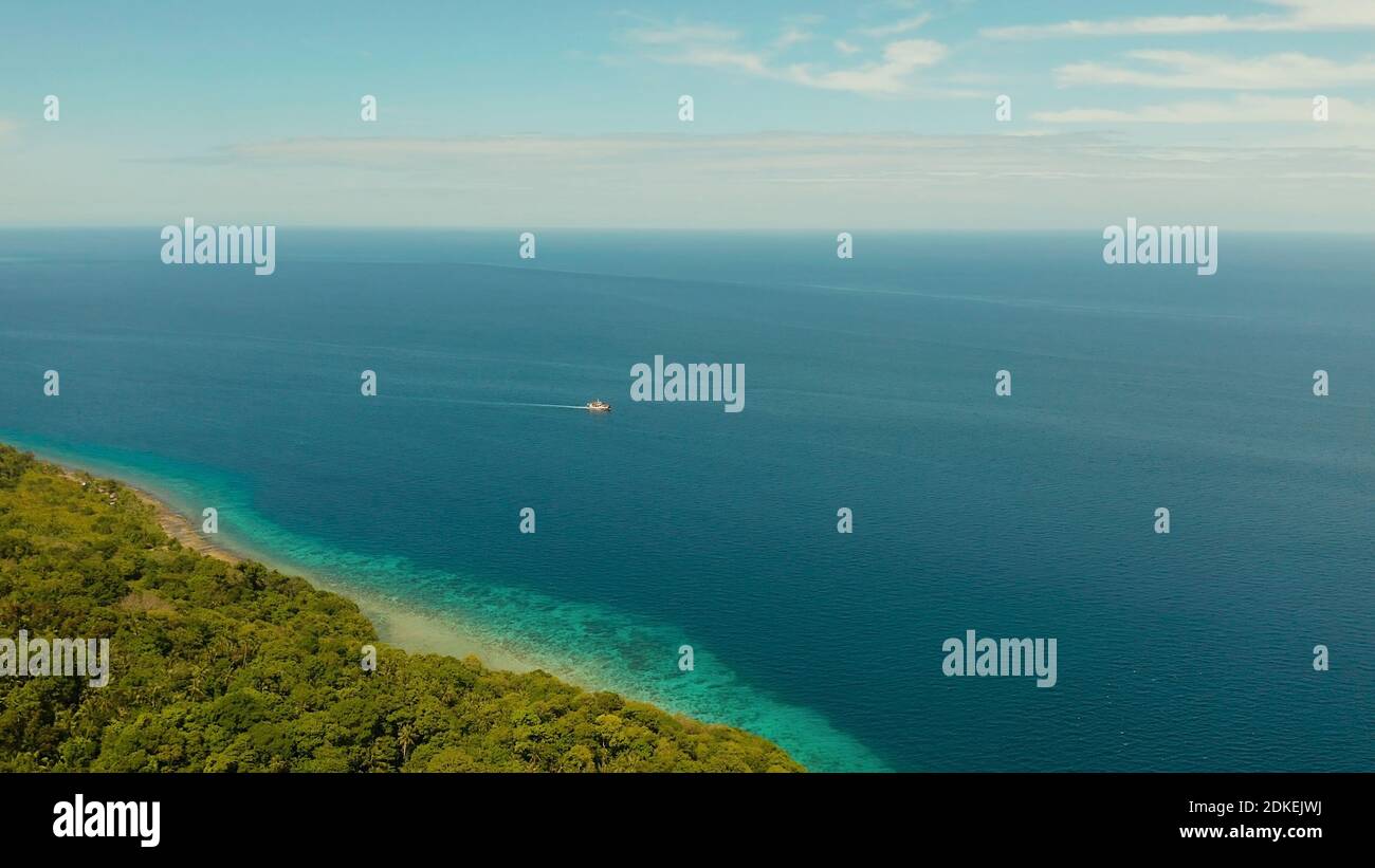 Coastline with forest and palm trees, coral reef with turquoise water ...