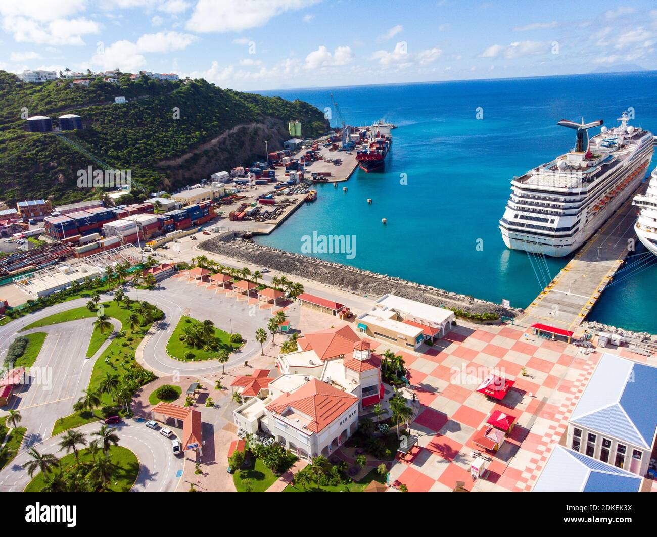 Scenic aerial view of the caribbean island of St.Maarten. Port of st ...
