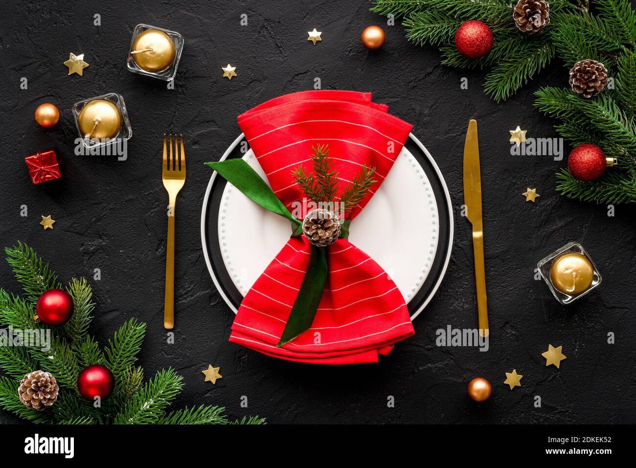 Christmas dinner background. Table setting top view Stock Photo - Alamy