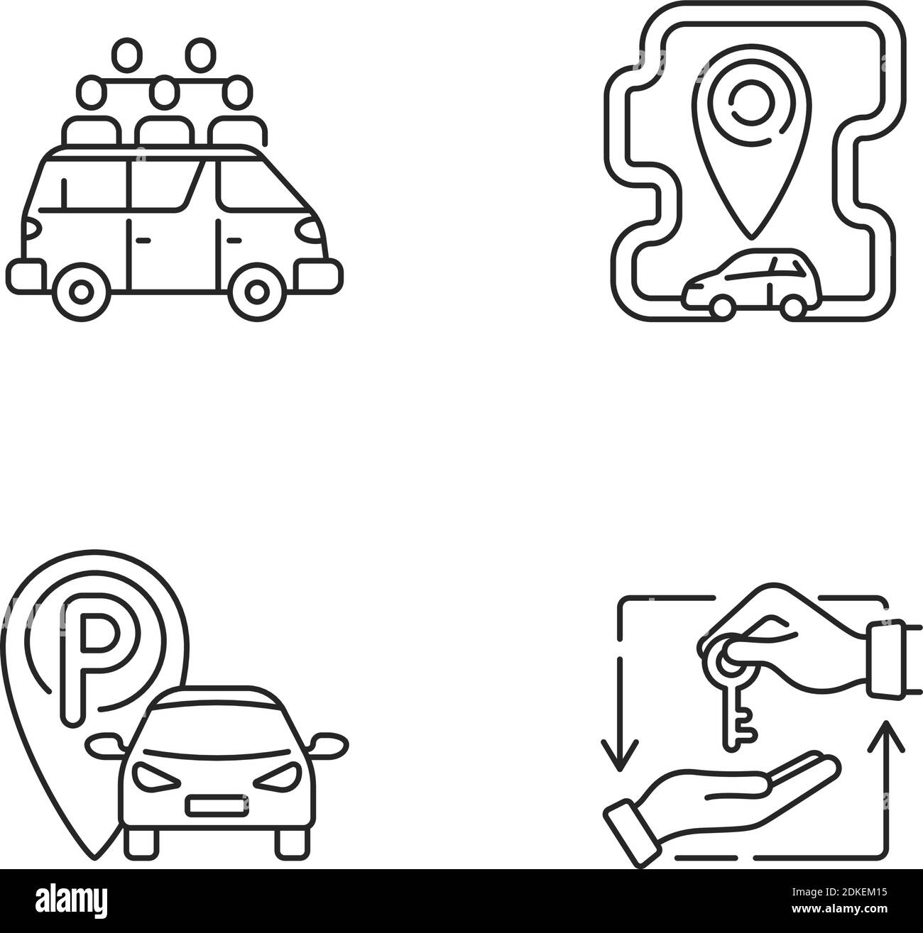 Car sharing and rental service linear icons set. Share taxi services ...