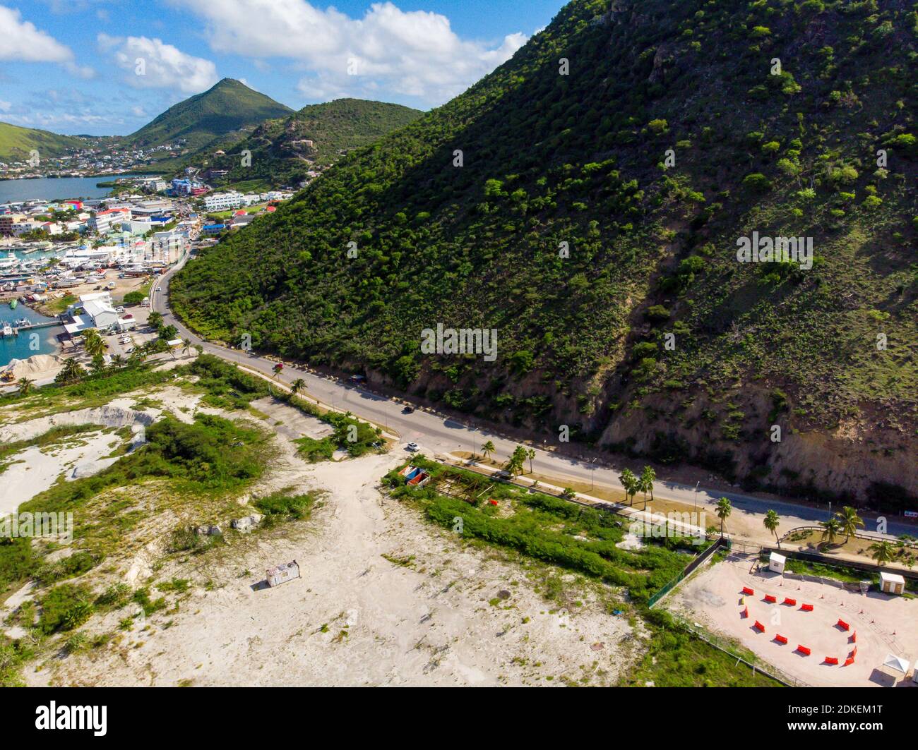 Scenic aerial view of the caribbean island of St.Maarten. Port of st ...