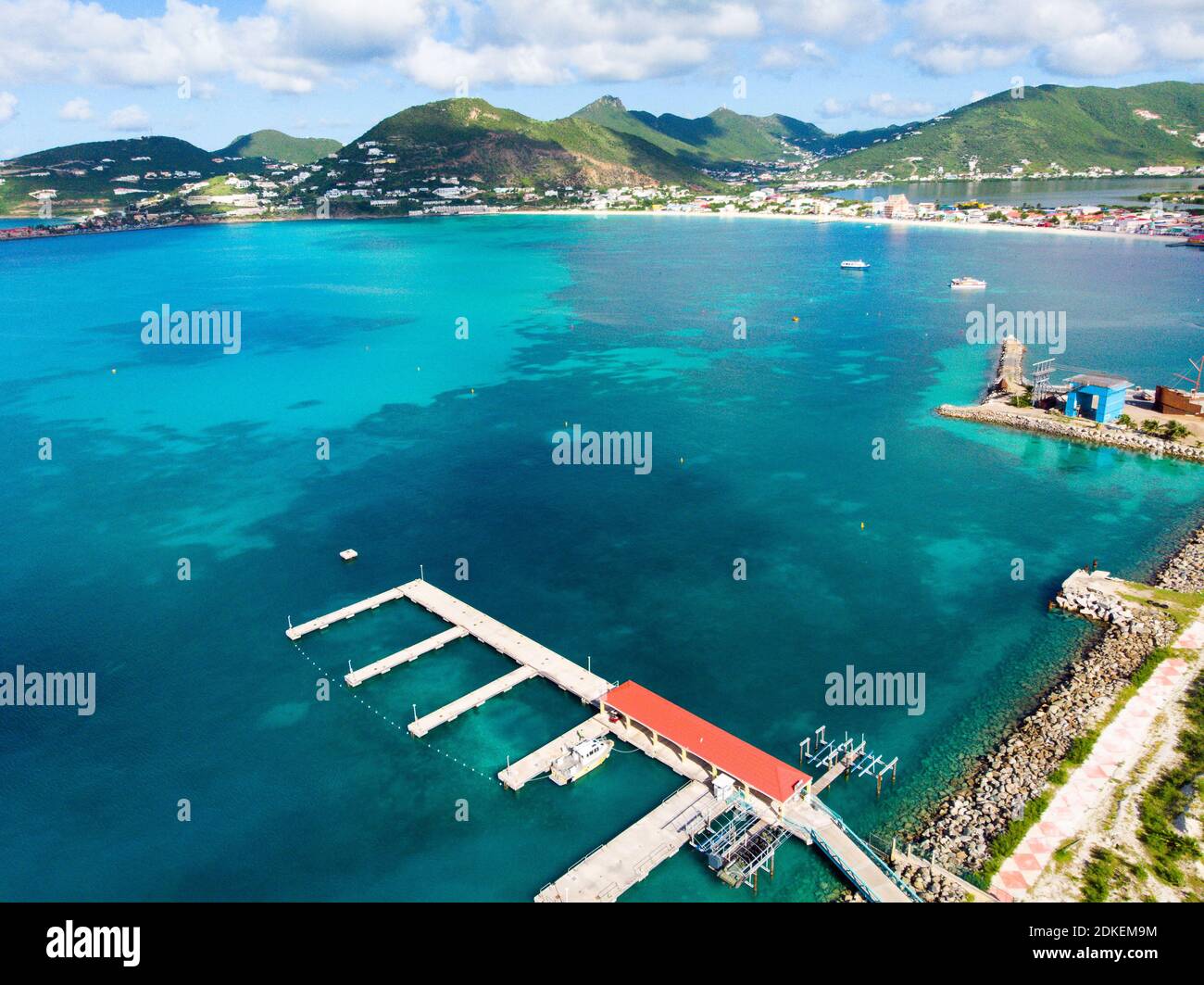Scenic aerial view of the caribbean island of St.Maarten. Port of st ...