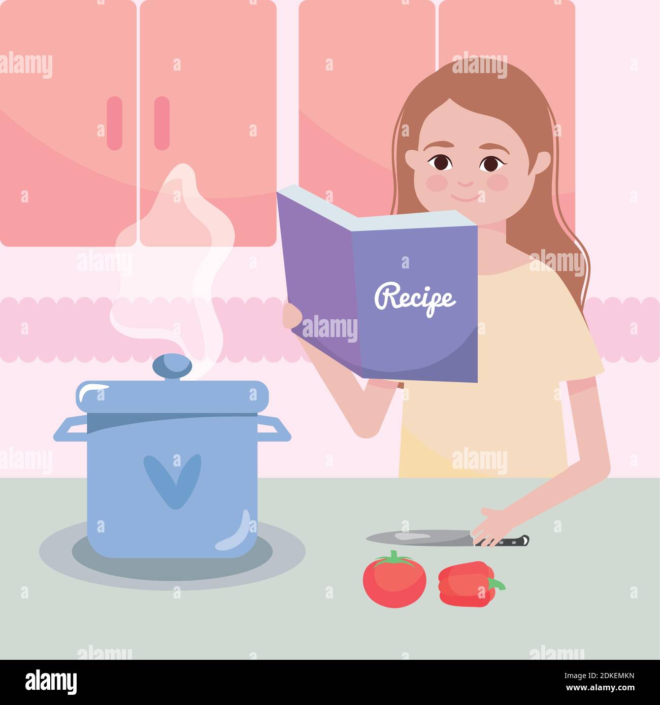 kitchen design with woman reading a recipe book and pot on stove ...