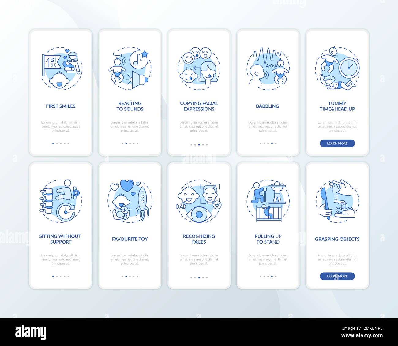 Early childhood development blue onboarding mobile app page screen with ...