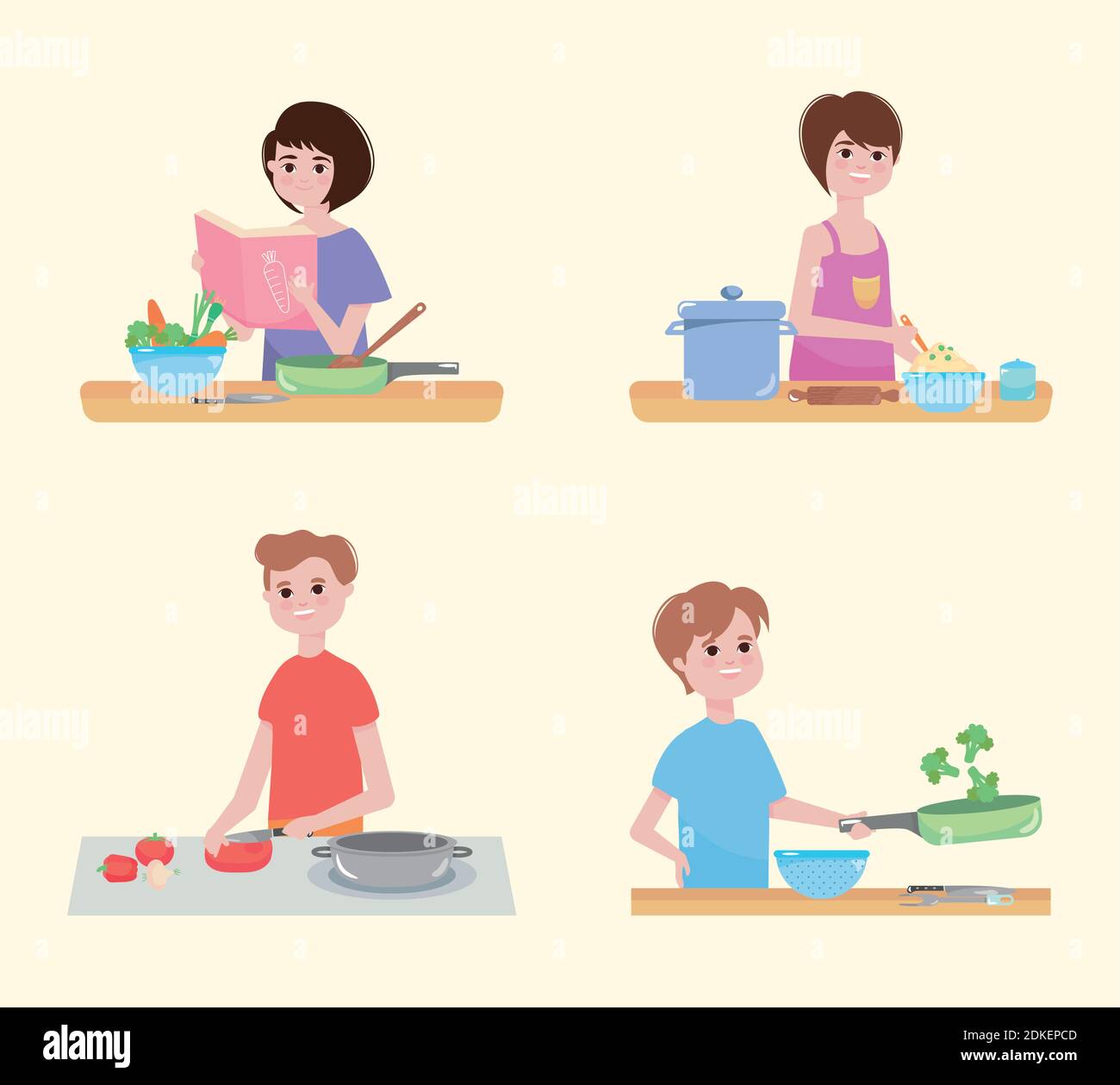 people cooking with kitchen elements over yellow background, colorful ...