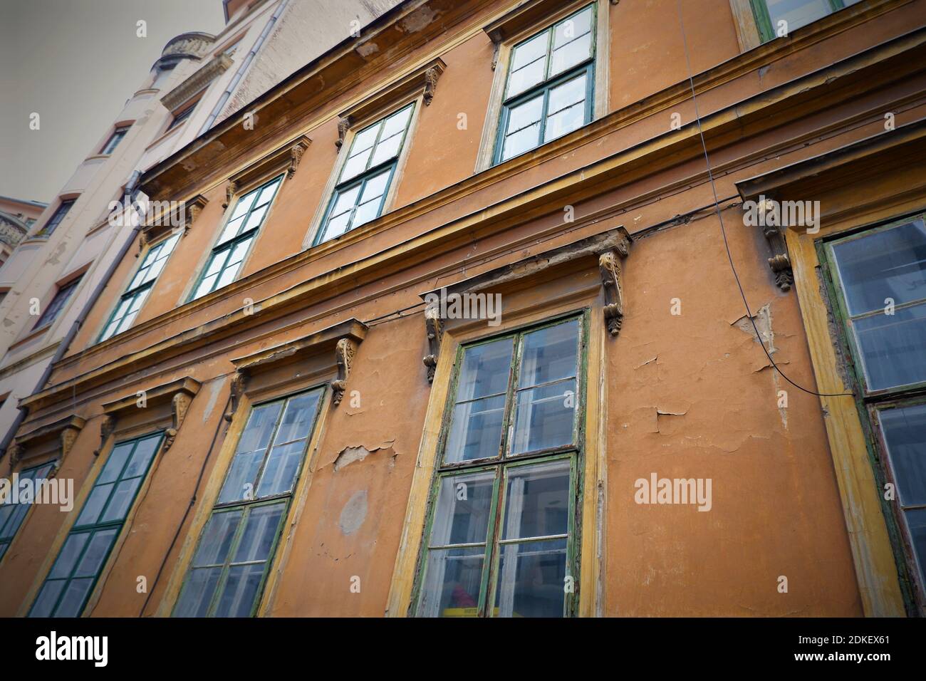 Old vintage brown colour building with windows in bottom view in ...